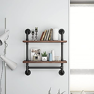 Industrial Bathroom Shelves Rustic Wood Shelves with Towel Bar 24" Farmhouse Shelf for Wall Pipe Shelving-2 Layer