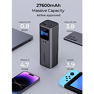 AMEGAT Power Bank 140W, 27600mAh 3-Port Portable Charger PD 3.1 Battery Pack, Smart Digital Display, 140W USB C Fast Recharge, Compatible with iPhone 15/14/13 Series, Samsung, MacBook, Dell, and More