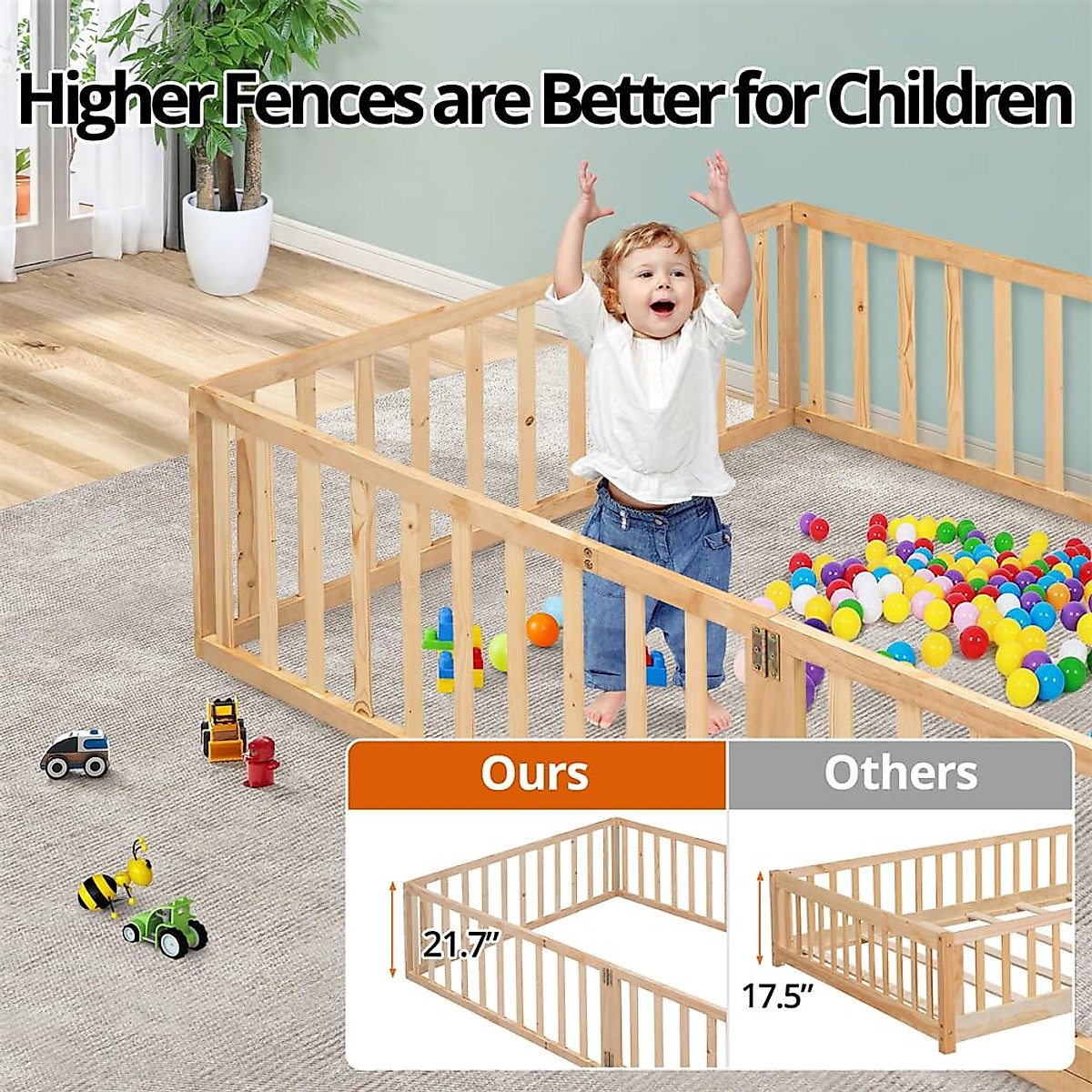 TURRIDU Queen Size Montessori Floor Bed, Multifunctional Wood Bed Frame with Fence & Door for Children Boys Girls Bedroom Living Room, Without Slat & Unlimited Weight, Natural