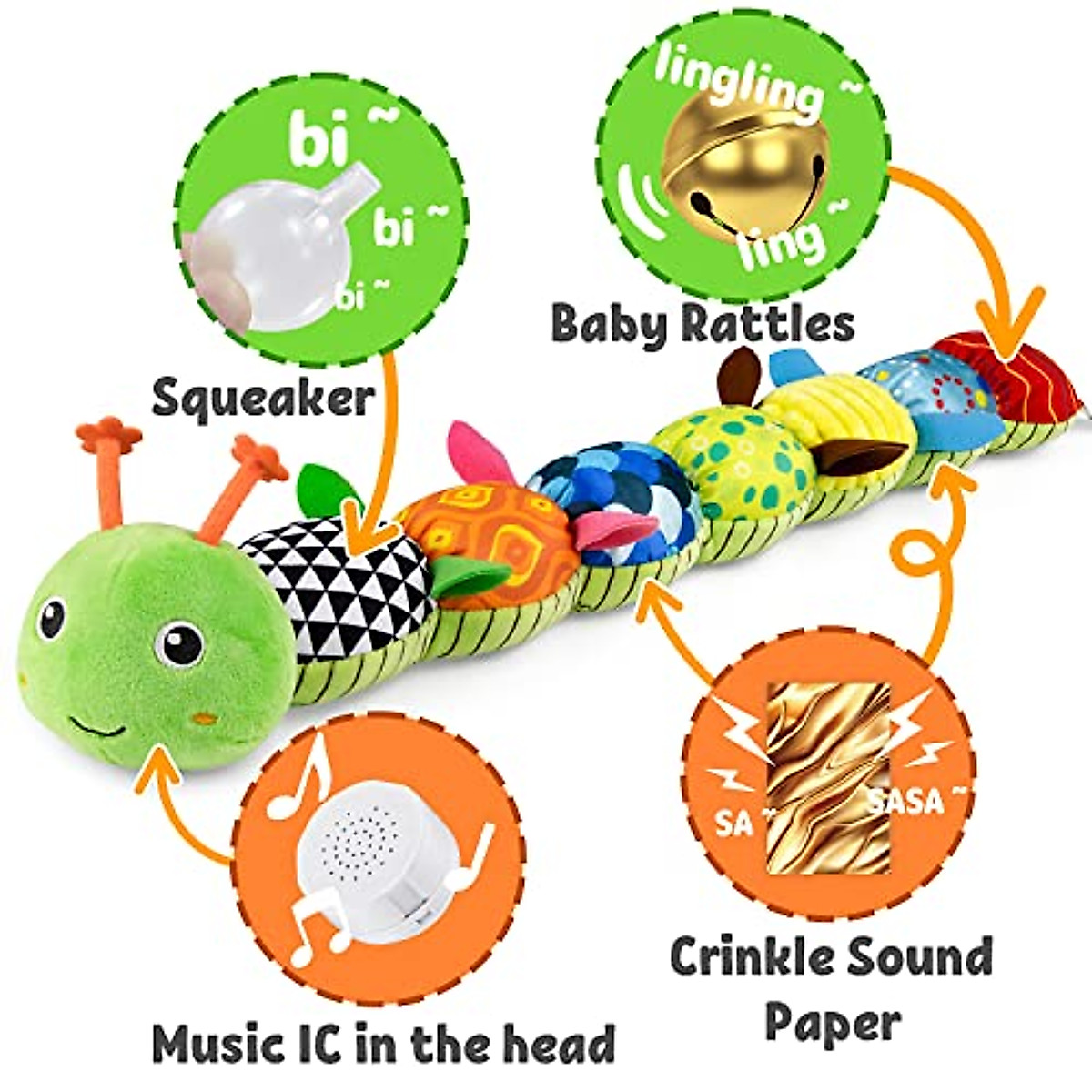 LIGHTDESIRE Baby Toys Musical Caterpillar,Infant Toys Stuffed Animal Toys with Ruler Design and Ring Bell,Baby Teething Toys for Tummy Time Newborn Boys Girls 0 3 6 12 Months(Green)