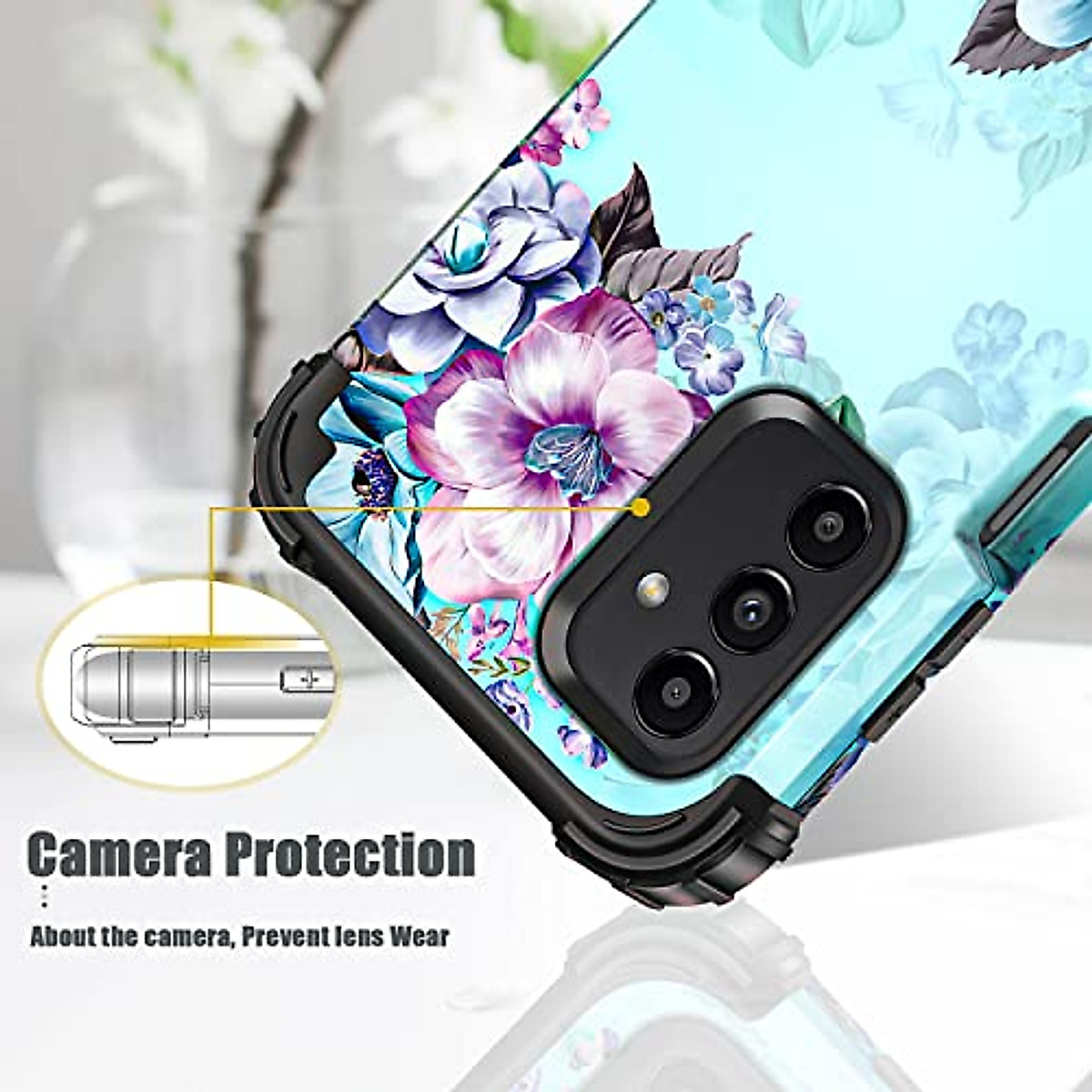 Casetego Compatible with Galaxy A13 5G Case,Floral Three Layer Heavy Duty Sturdy Shockproof Full Body Protective Cover Case for Samsung Galaxy A13 5G,Blue Flower