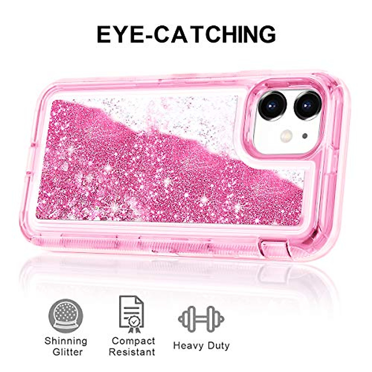 WOLLONY for iPhone 11 Case Glitter, Heavy Duty Girly Liquid Bling Quicksand 3 in 1 Hybrid Impact Resistant Shockproof Hard Bumper Soft Clear Rubber Protective Cover for iPhone 11 6.1inch Pink
