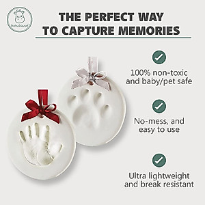 BabySquad Baby Handprint Footprint Clay Keepsake Ornament Kit (2 Pack) Non Toxic - Shatter Proof - Air Dries - Ultra Light. Includes Stencil, 2 Easels, 8 Ribbons, 2 Claypacks, Rolling Pin and More!