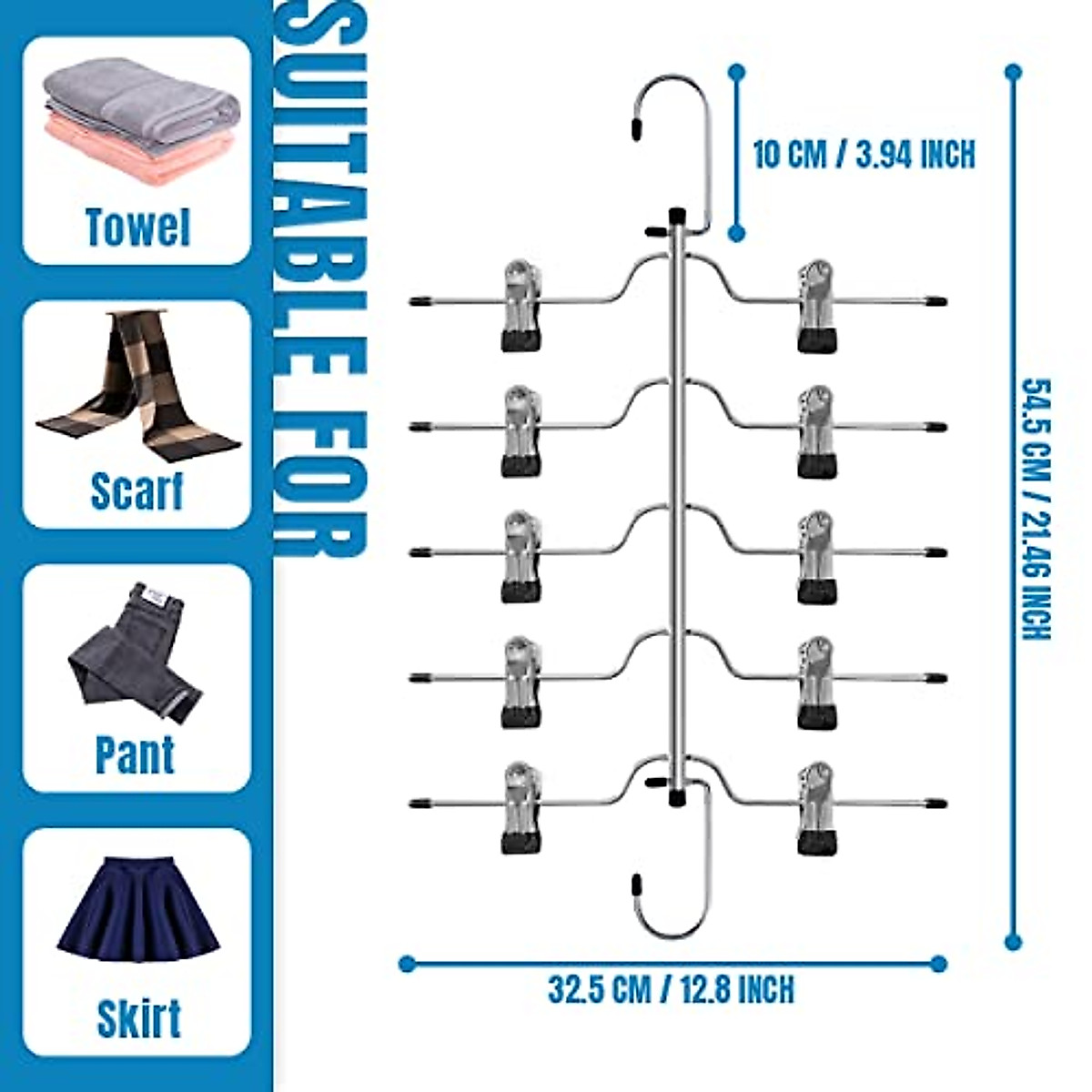 5 Tier Metal Skirt Hangers for Women, Pants Hanger Space Saving with Non Slip Adjustable Clips,Durable Heavy Duty Trouser Hangers for Jeans, Slacks, Shorts - 2 Pack