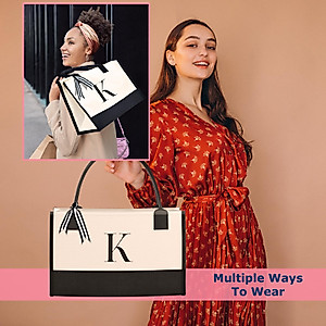 OATALY Monogrammed Canvas Tote Bag with Zipper Pockets - Ideal Gift for Mom, Teacher, Sister