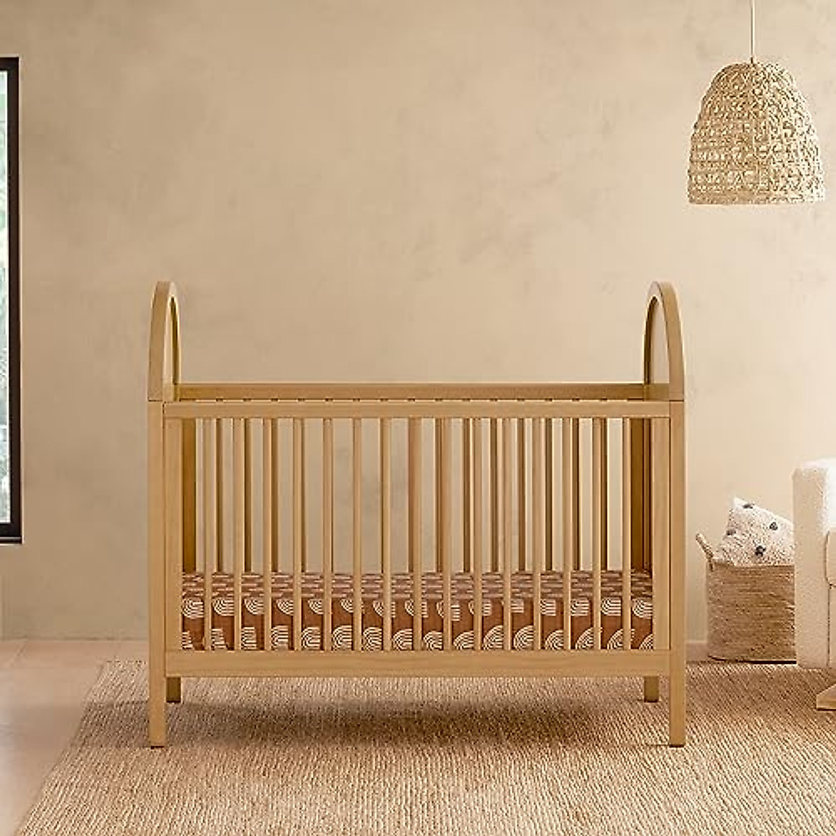 babyletto Bondi Cane 3-in-1 Convertible Crib with Toddler Bed Conversion Kit in Honey with Natural Cane, Greenguard Gold Certified