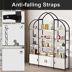 semoic Triple Wide 5-Tier Bookshelf, Extra Arched Bookcase with Storage Cabinet, Modern Etagere Bookcase Tall Open Display Shelf for Home Office
