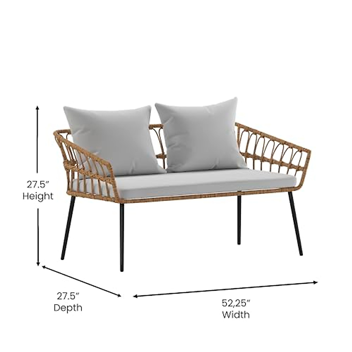 Taylor & Logan Iya 4 Piece Boho Rope Rattan Patio Conversation Set with Tempered Glass Top Coffee Table and Gray Cushions for Indoor/Outdoor Use, Natural