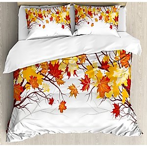 Ambesonne Fall Duvet Cover Set, Image of Canadian Maple Tree Leaves in Autumn Season Soft Reflection Effects, Decorative 3 Piece Bedding Set with 2 Pillow Shams, Queen Size, Orange White