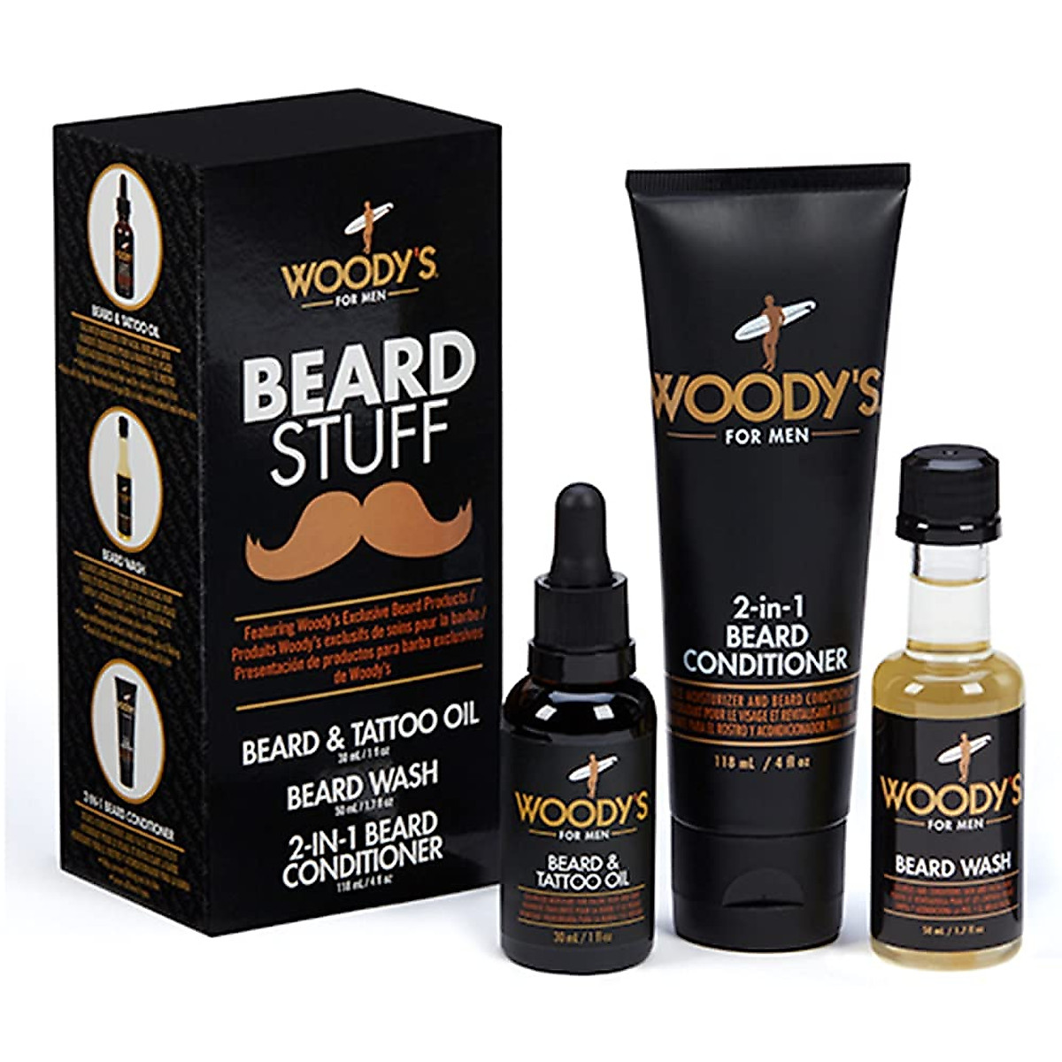 Woody's Beard Stuff 3 Piece Kit, Beard & Tattoo Oil, Wash, 2 in 1 Facial Hair Conditioner, Cleanse, Moisturize, and Style