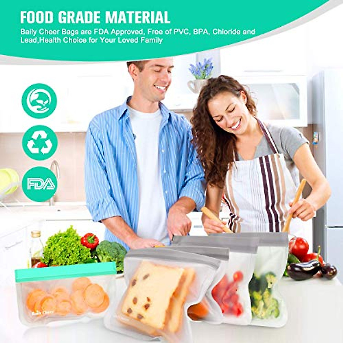 Reusable Food Storage Bags 12 Pack Extra Thick 6 Reusable Sandwich Bags + 6 Reusable Snack Bags BPA-Free DUAL Leakproof Seal Reusable Lunch Bags for Kids Women Men School Lunch Picnic Travel