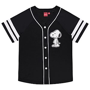 Peanuts Ladies Snoopy Baseball Jersey Snoopy Charlie Brown, Woodstock, Linus Mesh Button Down Baseball Jersey (Black, Large)