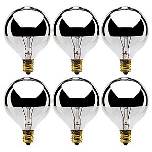 KOR (6 Pack) G16 1/2/SL Incandescent Light Bulb, Silver Half Chrome Crown with Mirror Finish, Dimmable, 120 Volts, G16 Lamp Shape, Candelabra Base, E12 Base, 1500 Hours Rated. (40 Watt (6 Pack))