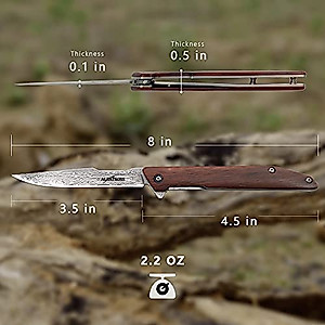 ALBATROSS EDC Thin VG10 Damascus Camping Folding Pocket Knife; 3.5" Damascus Blade, 4.5" Yellow Sandalwood Handle,Gifts Box/Collections (HGDK025)