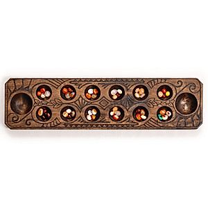 Yellow Mountain Imports Mancala Set with 17.3-Inch Solid Wood Board and Quartz Pebble Playing Pieces