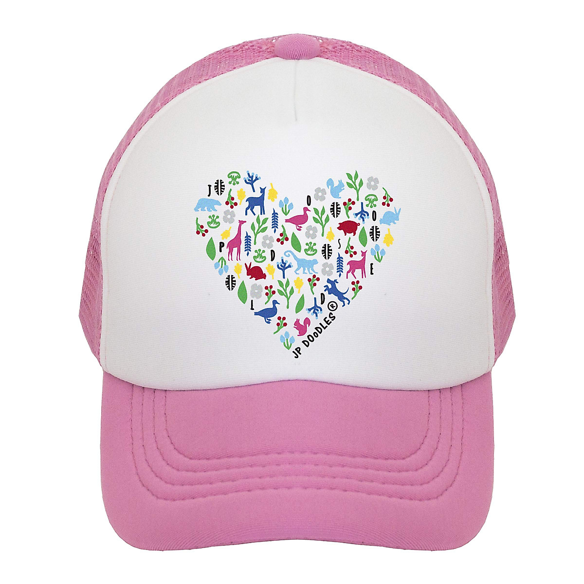 JP DOoDLES Heart Hat Kids Trucker Hat. Baseball Mesh Back Cap fits Baby, Toddler and Youth (Light Pink, Mini 12-24 MOS)