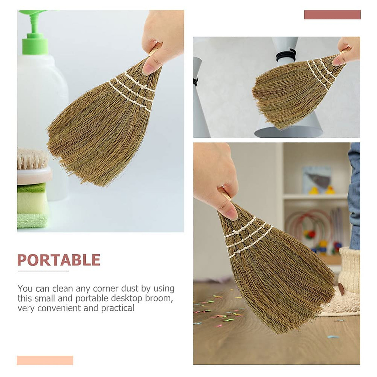 HEMOTON Whisk Broom Hand Broom Soft Natural Bristles Small Whisk Broom Desk Cleaning Brush for Indoor Outdoor