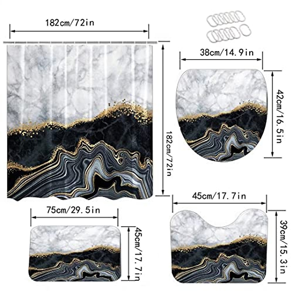 4Pcs Black Shower Curtain Set,Gold Marble Bathroom Sets with Shower Curtain and Rugs and Accessories,Bathroom Curtain with Non-Slip Rugs, Toilet Lid Cover and 12 Hooks,72x72inch