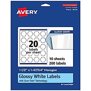 Avery Glossy White Hexagon Labels with Sure Feed, 1-1/2" x 1-47/54", 200 Glossy White Labels, Print-to-The-Edge, Permanent Label Adhesive, Laser/Inkjet Printable Labels