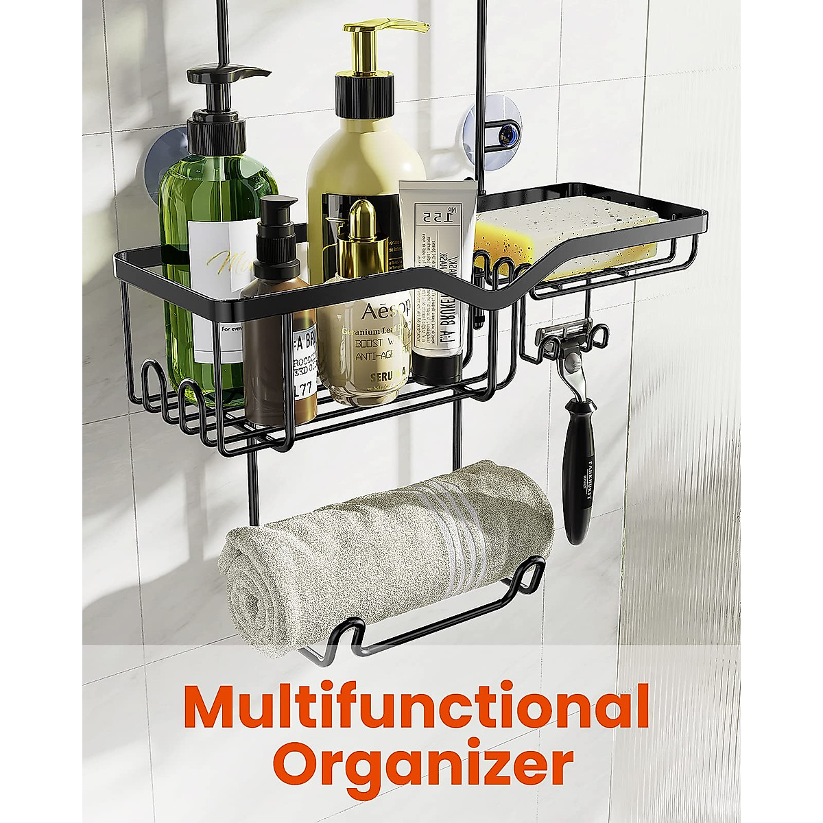 AMADA Hanging Shower Caddy, Shower Caddy Over Shower Head, Rustproof Stainless Steel Shower Organizer with Soap Holder & Hooks, Shower Rack for Shampoo, Sponges, Towels, No Drilling Required, Black