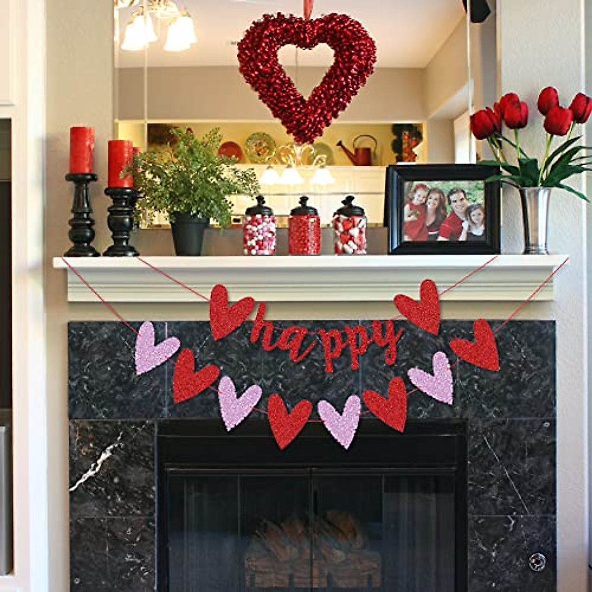 Red Glitter Happy Valentines Day Banner and Red Pink Hearts Garland For Girls Women Valentine's Day Theme Romantic Wedding Anniversary Engagement Bridal Shower Party Supplies Glitter Decorations