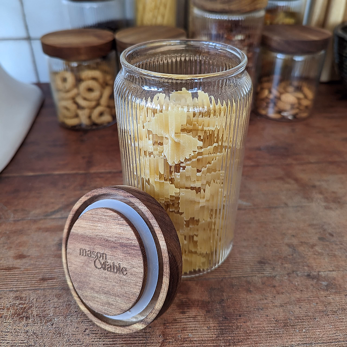 Mason & Fable Ribbed Glass Jars with Wooden Lid 27 fl oz- Set of 3 | Airtight Fluted Storage Container for Pasta, Coffee, Candy, Dog Treats, Snacks | Glass Organization Canisters for Home & Kitchen