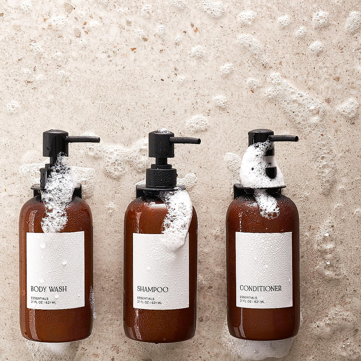 Stylish Shampoo and Conditioner Dispenser Set of 3 for Wall Mount - Modern Drill Free 21oz Shower Soap Bottles with Labels - Easy Refill Body Wash Dispensers for an Instant Bathroom Decor Upgrade