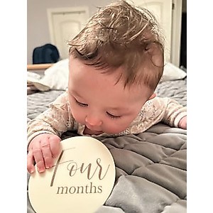 UNIQOOO 13Pcs 4'' Cream White Acrylic Monthly Baby Milestone Printed Cards, Photo Props, Round Baby Months Growth Sign for Boy, Girl Photography, One Month to One Year & Hello World Card, New Baby Gifts