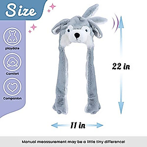 Hopearl Husky Hat with Ears Moving Jumping Pop Up Beating Hat Plush Holiday Cosplay Dress Up Funny Gift for Kids Girls, Gray, 22''