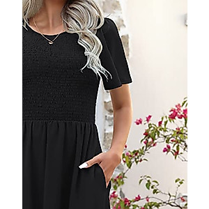 Ellakoko Summer Dresses for Women 2023 Casual Short Sleeve Modest A Line Crew Neck Ruffle Tiered Smocked Midi Black Dress Solid Black M