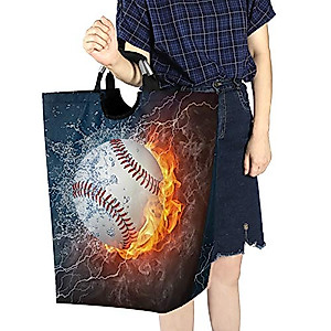 ALAZA Large Laundry Basket Fun Sports Baseball Water Fire Laundry Bag Hamper Collapsible Oxford Cloth Stylish Home Storage Bin with Handles, 22.7 Inch