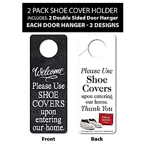 Foldable Shoe Cover Holder and Single Door Hanger with Designs on Front and Back - Please Use Shoe Covers (Black - 2 Pack)
