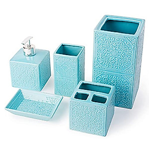 5 Pcs-Teal Blue Bathroom Accessories Sets Complete- Bathroom Accessories Set- Bathroom Accessory Set -Bathroom Accessories- Bathroom soap Dispenser Set