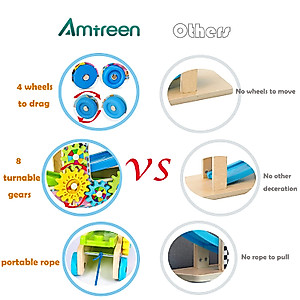 Wooden Race Track for Toddlers, 3 in 1 Wooden Car Ramp with 4 Mini Racer Cars and 8 Turnable Gears. Educational Montessori Toys for 2 3 4 5 Year Old Boys Girls