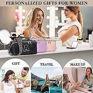 YOOLIFE Initial Travel Makeup Bag - Make Up Bag PU Leather Cosmetic Bag Travel Toiletry Bag for Women Cute Makeup Bag Black Make Up Bags for Women Large Makeup Bag Unique Birthday Gifts Black N