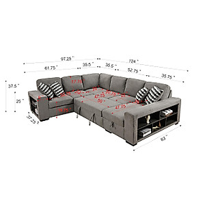 RENDGO 125'' U Shaped Oversized Sectional Sofa Couch with Cabinet,7 Seat Sectional Sleeper Sofa Bed with Storage Chaise, Pull Out Bed for Living Room,Grey