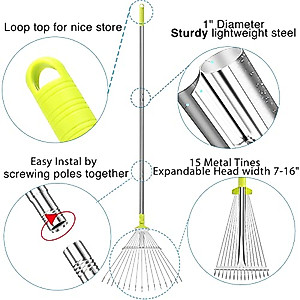 Adjustable Garden Leaf Rake 4.5ft, Collapsible Metal Yard Rake for Leaves with Expandable Head 7-16", Collect Loose Debris for Lawns Camping Shrubs and Rose Bushes Heavy Duty
