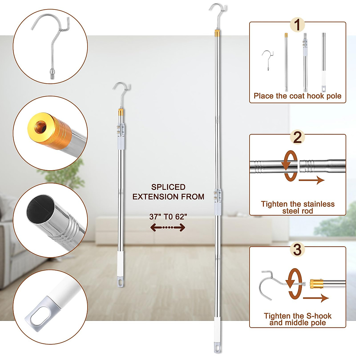 Clothes Hook Pole,Closet Hook Extends from 37 inches to 62 inches,Closet Hook Rod Made of Stainless Steel Adjustable,S Hook Closet for Reaching Extending Rod Lightweight Hang High Area Top