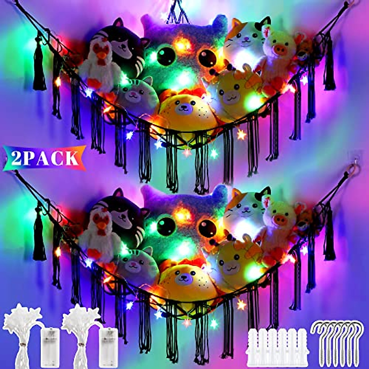 2 Set Stuffed Animal Net or Hammock with LED Light, Stuffed Animal Storage Stuffed Animal Hammock Corner Toy Hammock Macrame Stuffed Animal Organizer for Bedroom Nursery Kindergarten Decor (Black)