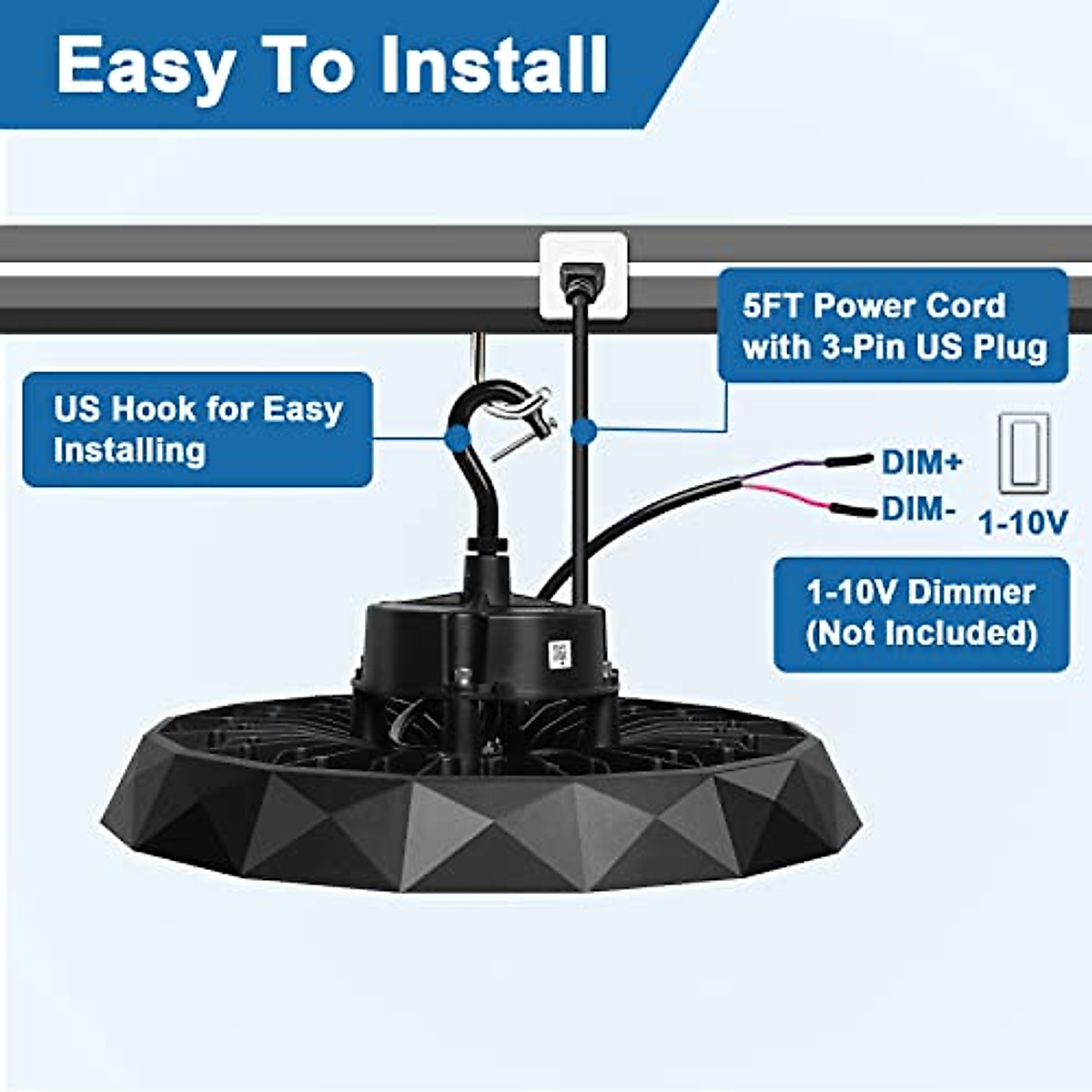 HONMY LED High Bay Light 100W 1-10V Dimmable 5000K 15000LM IP65 Waterproof UFO Commercial Bay Lighting with 5ft US Cable Plug for Warehouse Workshop Garage Factory Lights Fixture