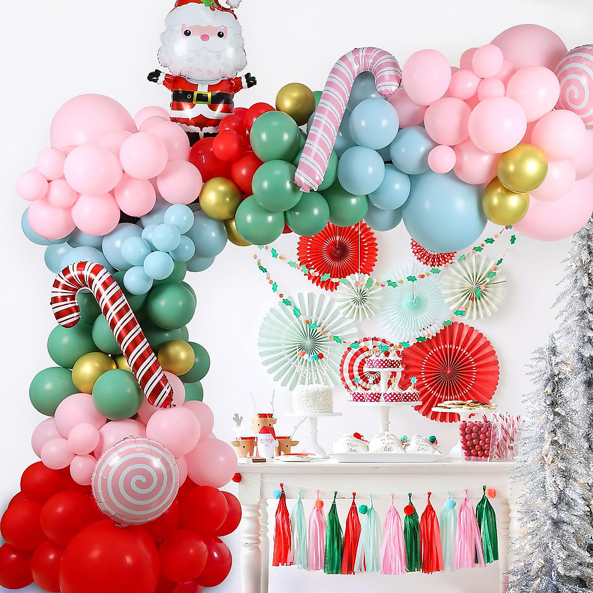 Christmas Balloon Garland Arch Kit, 140Pcs Christmas Balloons with Cane Candy Foil Balloons for Christmas Party Decorations Xmas New Year Birthday Party Supplies