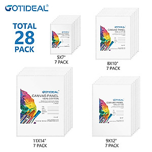 GOTIDEAL Canvas Boards for Painting Multi Pack, Primed 5x7", 8x10", 9x12", 11x14" Set of 28, White Blank Canvas Panel- 100% Cotton Artist Canvases Pack for Painting, Acrylic Paint, Oil, Watercolor