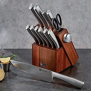 Kitchen Knife Set, Hanmaster 13 Pieces Stainless Steel Knife Sets for Kitchen with Block, Acacia Wood Knife Block Set with Sharpener, Gift Box Packed, Silver.