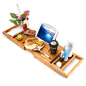 Hossejoy Bathtub Caddy Tray& Laptop Desk with Foldable Legs, 2 in 1 Wisdom Design – Luxurious Bathtub Caddy with Extending Sides, Tablet Holder, Reading Rack,Cellphone Tray and Wine Glass Holder