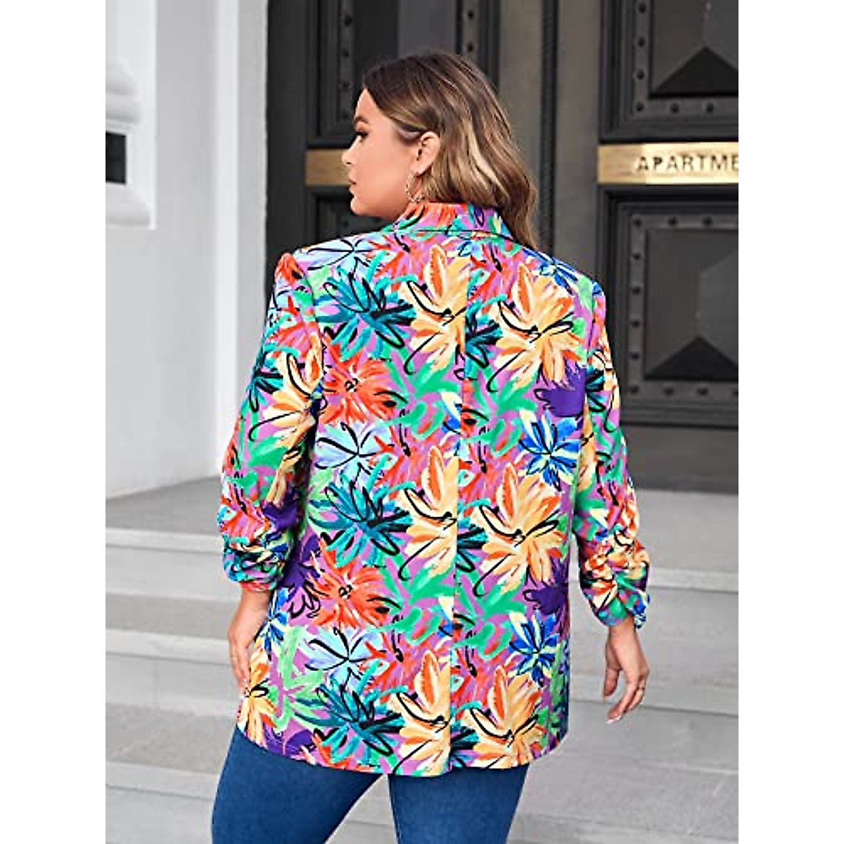 WDIRARA Women's Plus Size Floral Print Blazer Button Open Front Long Sleeve Jacket Multicolor 1XL