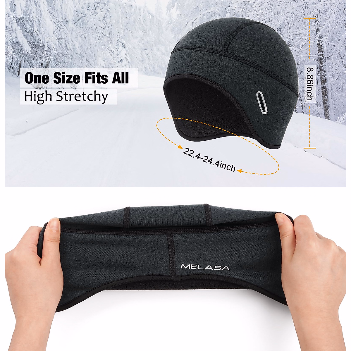 MELASA Winter Helmet Liner Skull Cap for Men Women, Fleece Lined Warm Cycling Cap with Glasses Holes, Thermal Hat Beanie for Running Cycling Motorcycle(Blue)