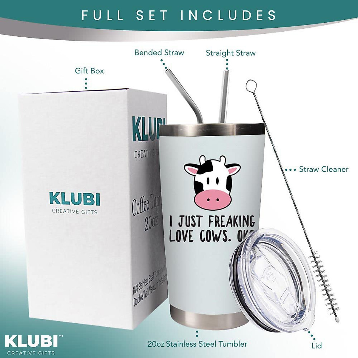 KLUBI Cow Gifts Coffee Tumbler- 20oz Tumbler for Coffee or Wine - Gift Idea for Cow Lovers, Themed Gifts, Print, Cup, Accessories, Stuff, Farm Animal