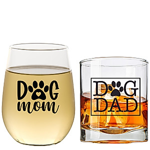 Dog Mom Wine Glass and Dog Dad Whiskey Glass Set for Dog Lovers - Best Gift for Dog Owners, Couples, Rescue Dogs, Men and Women - Funny and Cool Gifts for Couples With Pets
