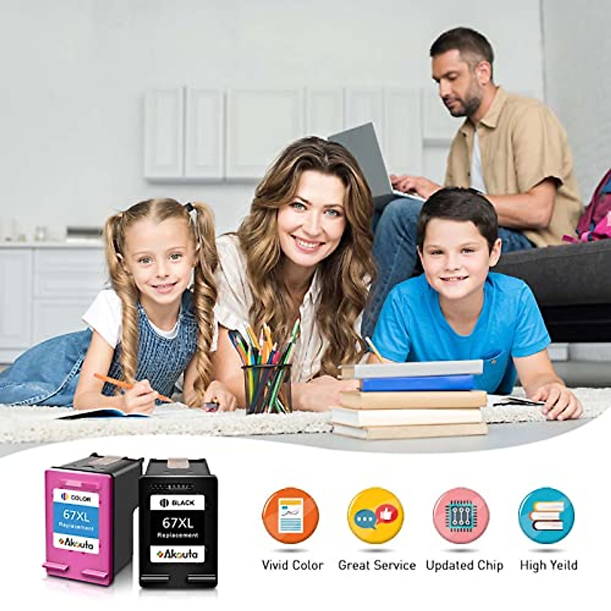 Akouta 67 XL Ink Cartridge Remanufactured Replacement for HP Ink Cartridge 67 XL Used in Envy Pro 6452 6455 6458 DeskJet 1255 2732 2752 2755 DeskJet Plus 4140 4152 Printer (2 Black 1 Tri-Color)