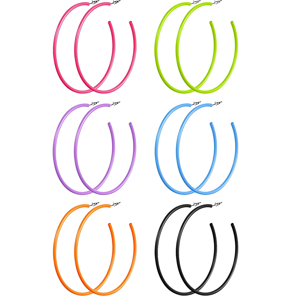 Hicarer 6 Pairs Neon Hoops Earrings Women Color Hoop Earrings Large Drop Earrings 80s Retro Party Accessory for Female Gifts